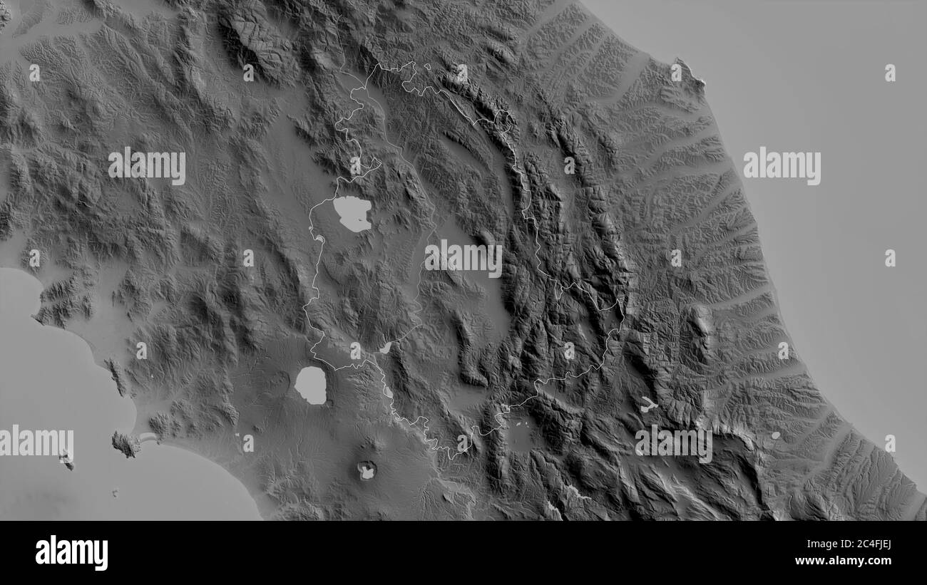 Umbria, region of Italy. Grayscaled map with lakes and rivers. Shape ...