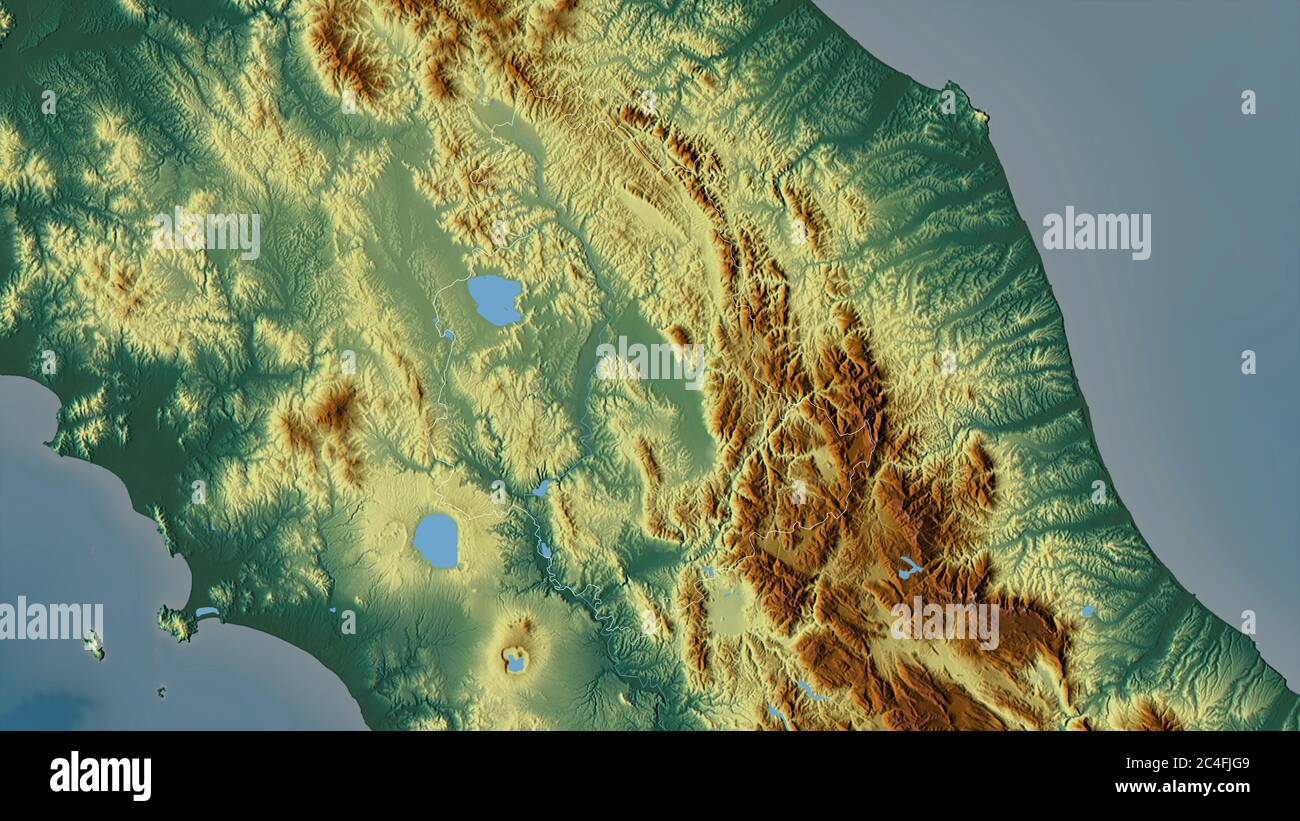 Umbria, region of Italy. Colored relief with lakes and rivers. Shape ...