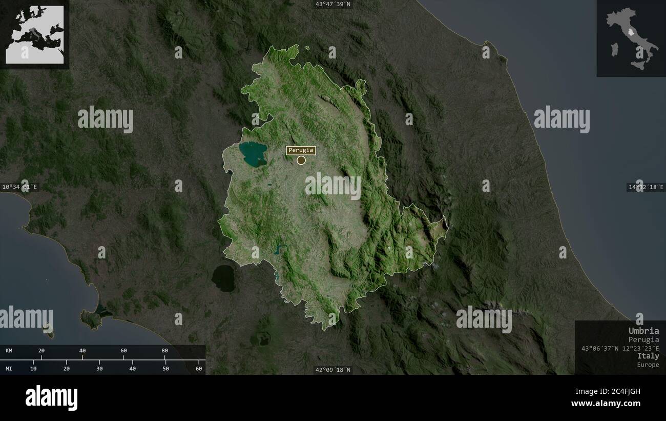 Umbria, region of Italy. Satellite imagery. Shape presented against its ...