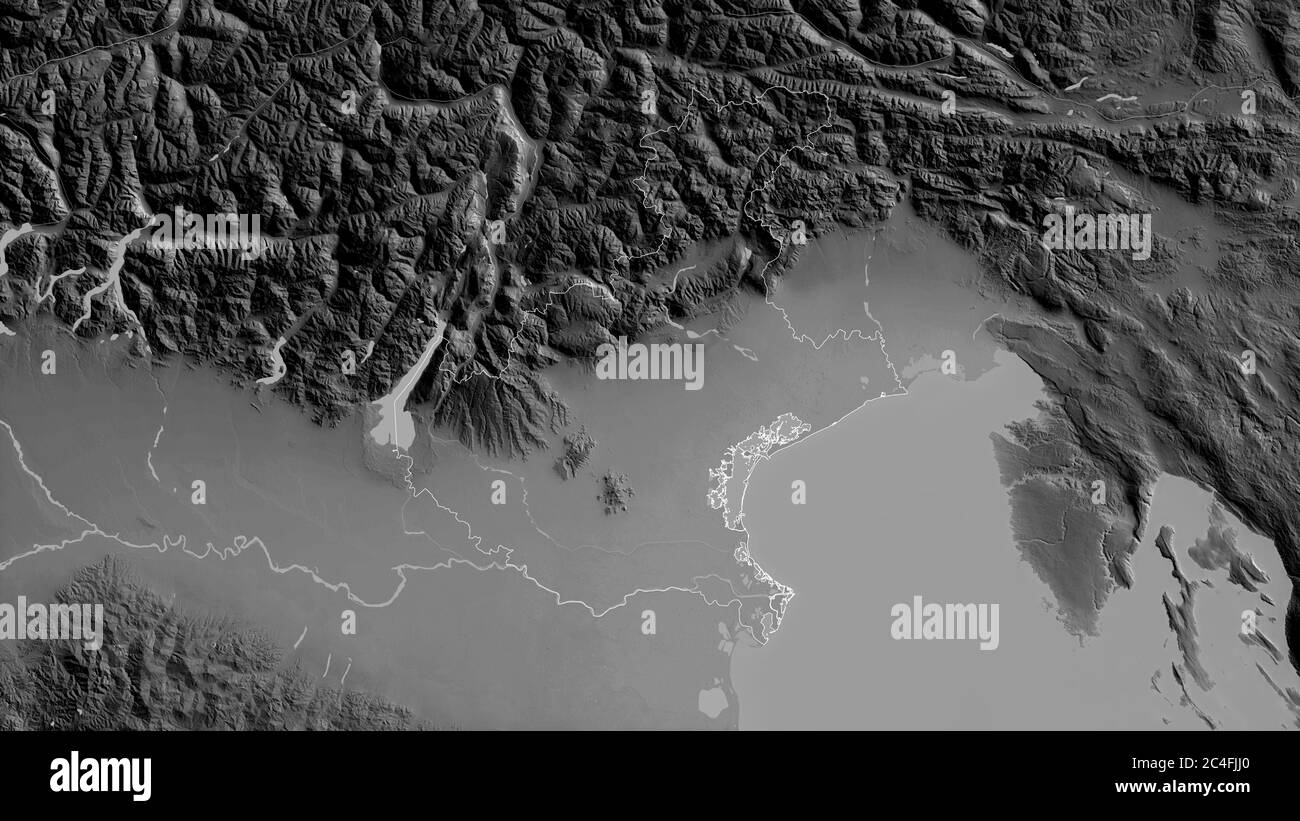Veneto, region of Italy. Grayscaled map with lakes and rivers. Shape ...