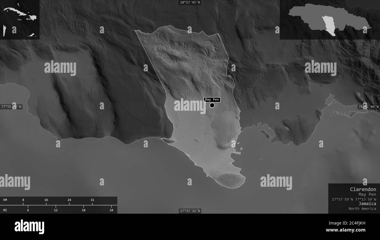 Clarendon, parish of Jamaica. Grayscaled map with lakes and rivers ...