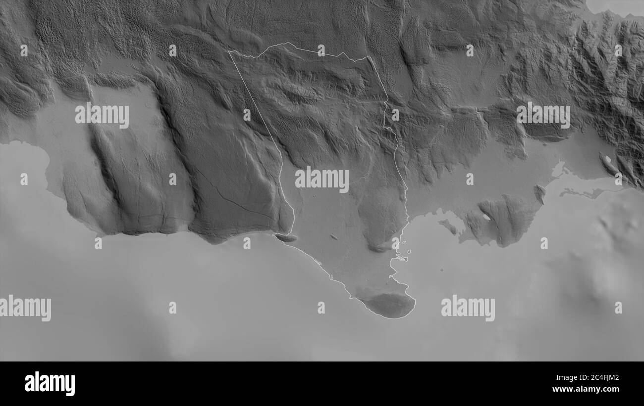 Clarendon, parish of Jamaica. Grayscaled map with lakes and rivers ...