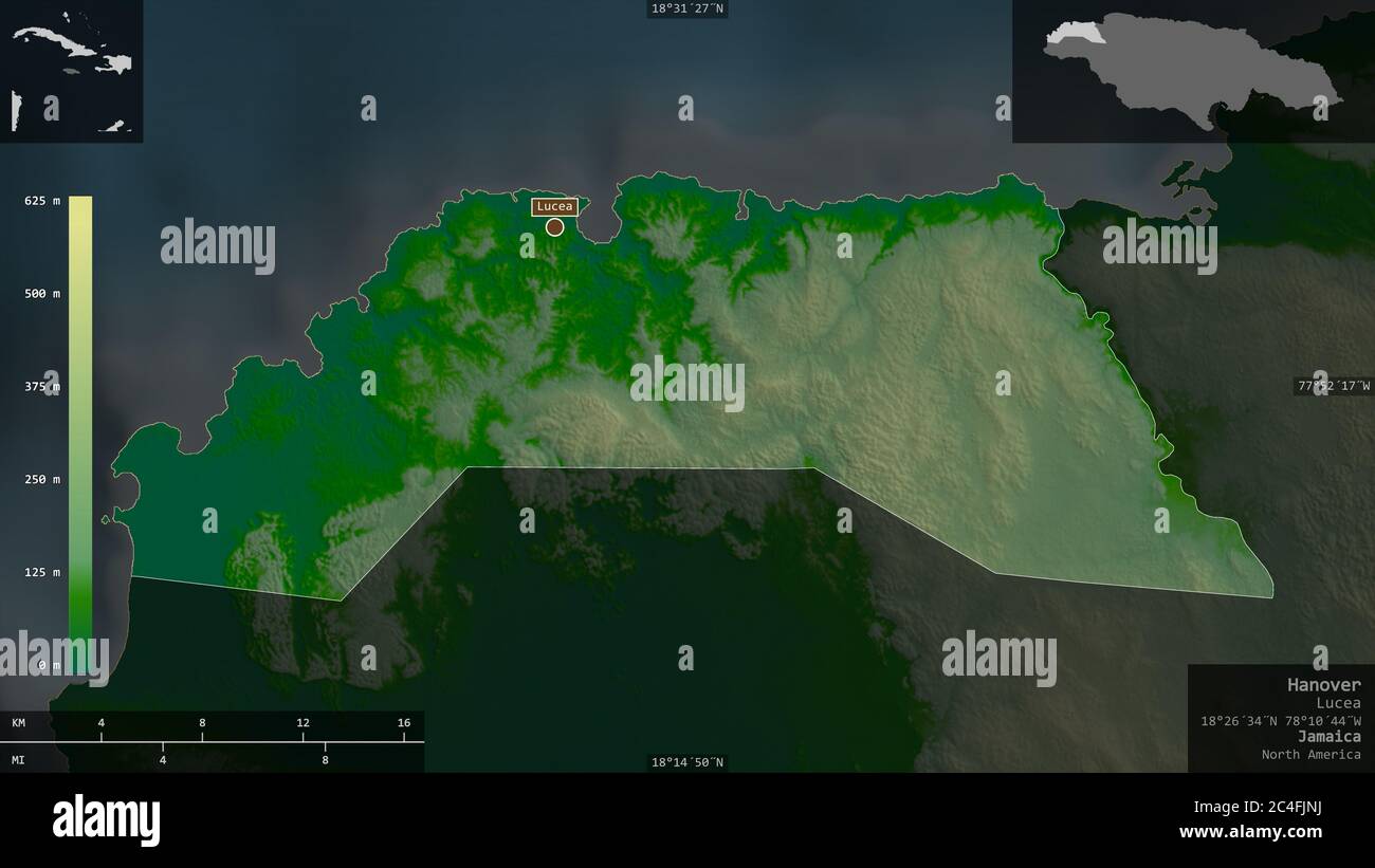 Hanover, parish of Jamaica. Colored shader data with lakes and rivers ...