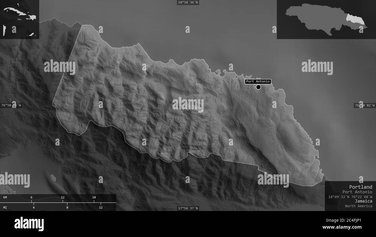 Portland, parish of Jamaica. Grayscaled map with lakes and rivers ...