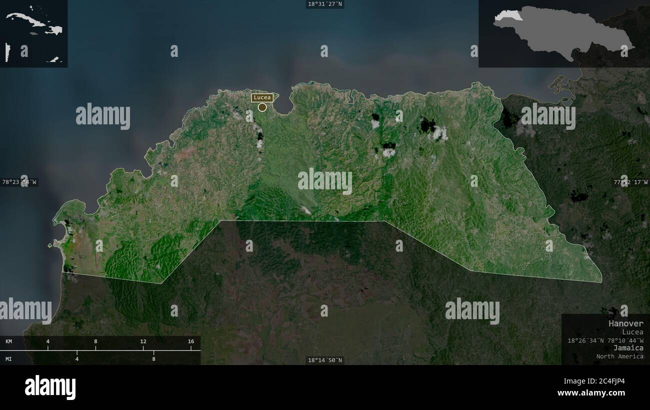 Hanover, parish of Jamaica. Satellite imagery. Shape presented against ...
