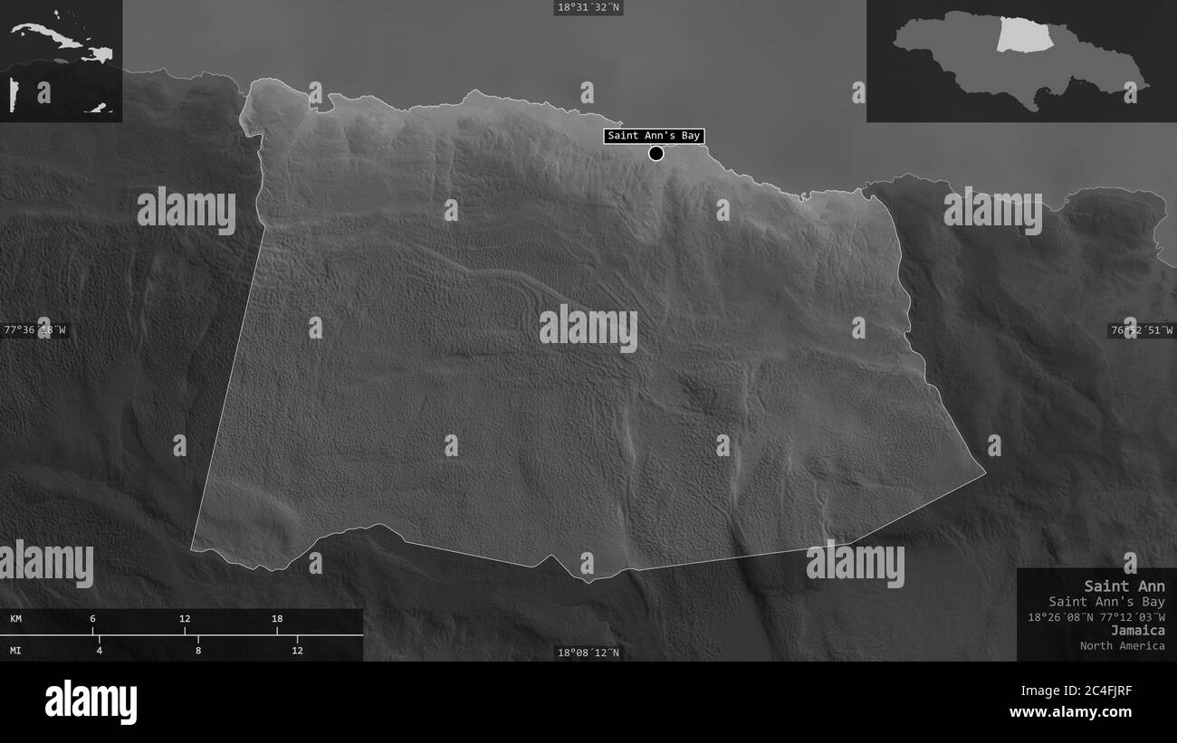 Saint Ann, parish of Jamaica. Grayscaled map with lakes and rivers ...