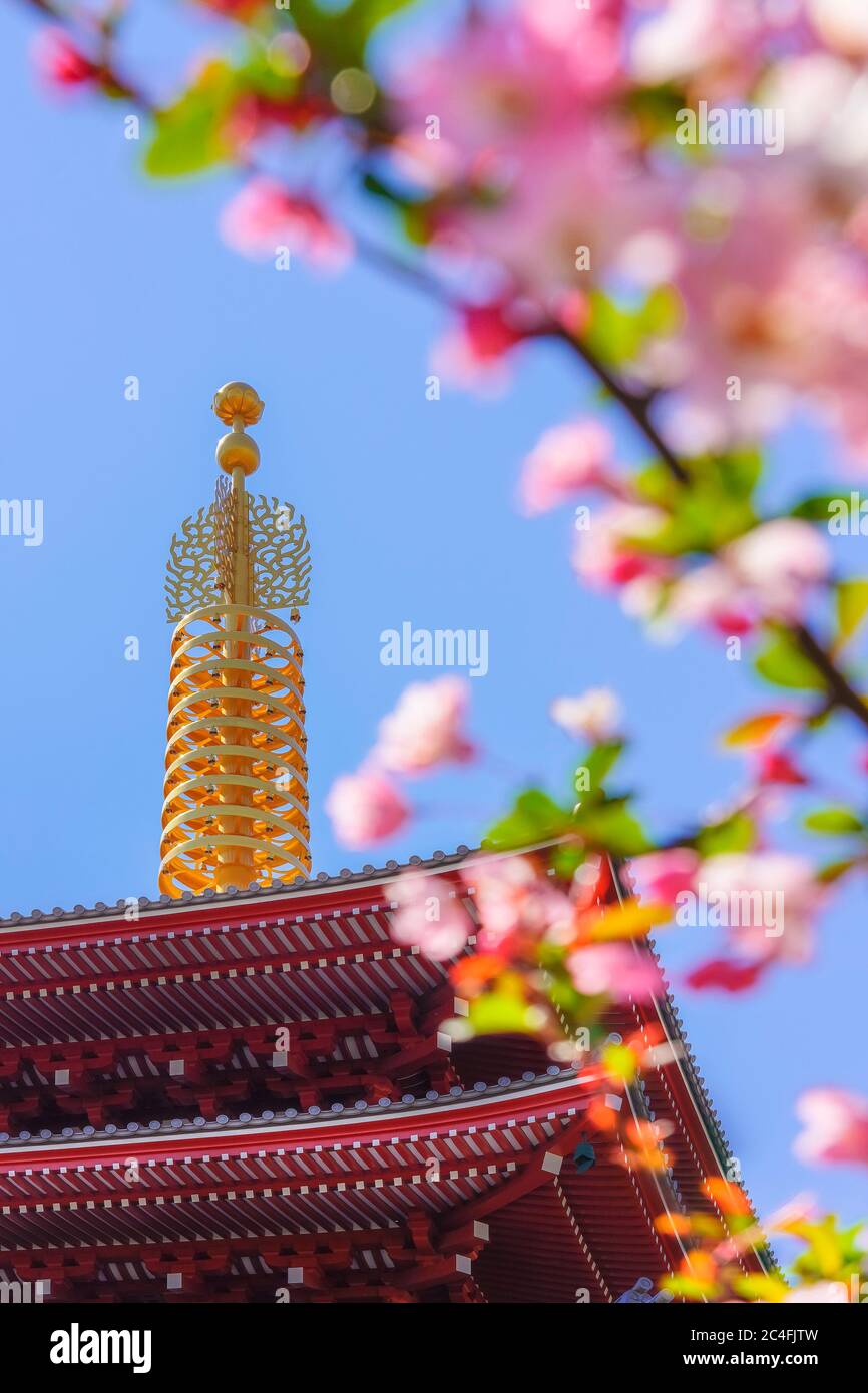 Close-up of the gilded bronze sōrin needle composed of rings and water ...