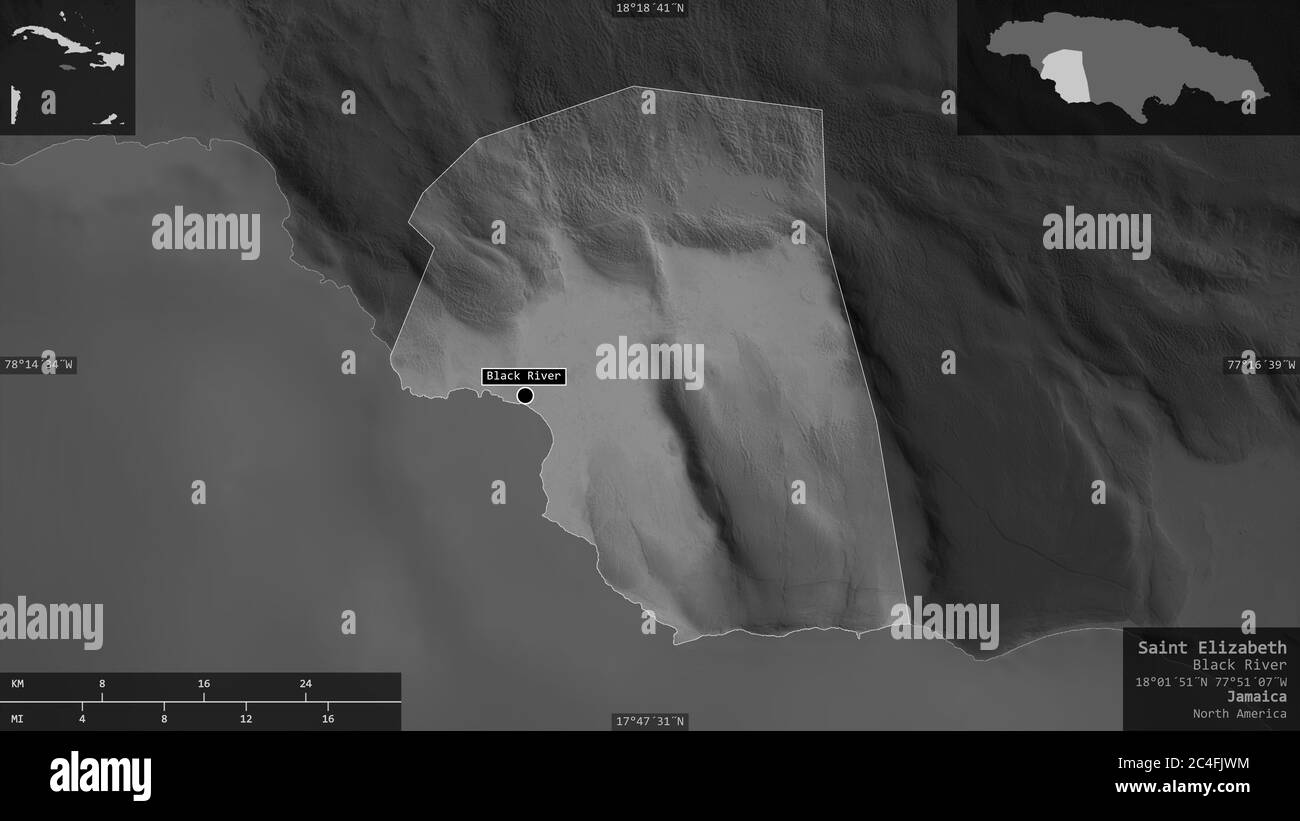 Saint Elizabeth, parish of Jamaica. Grayscaled map with lakes and ...