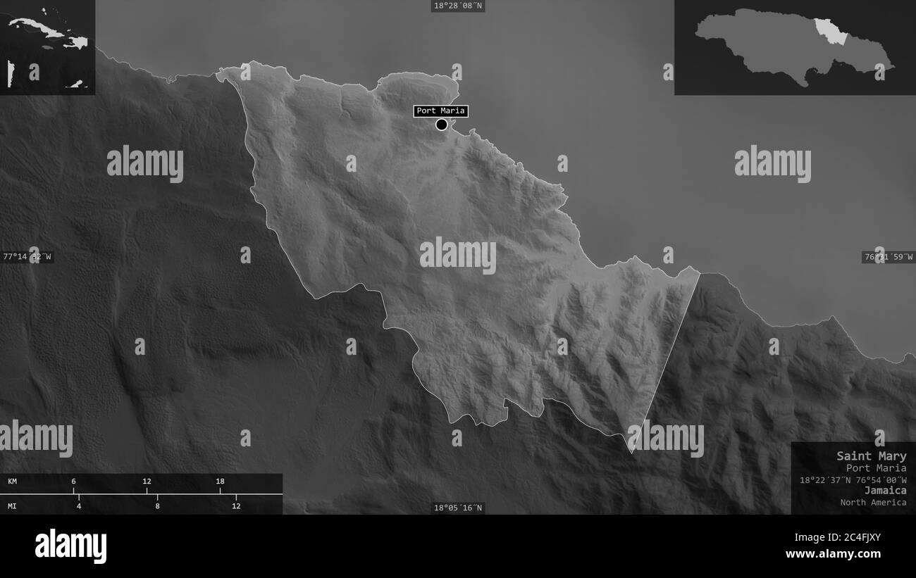 Saint Mary, parish of Jamaica. Grayscaled map with lakes and rivers ...