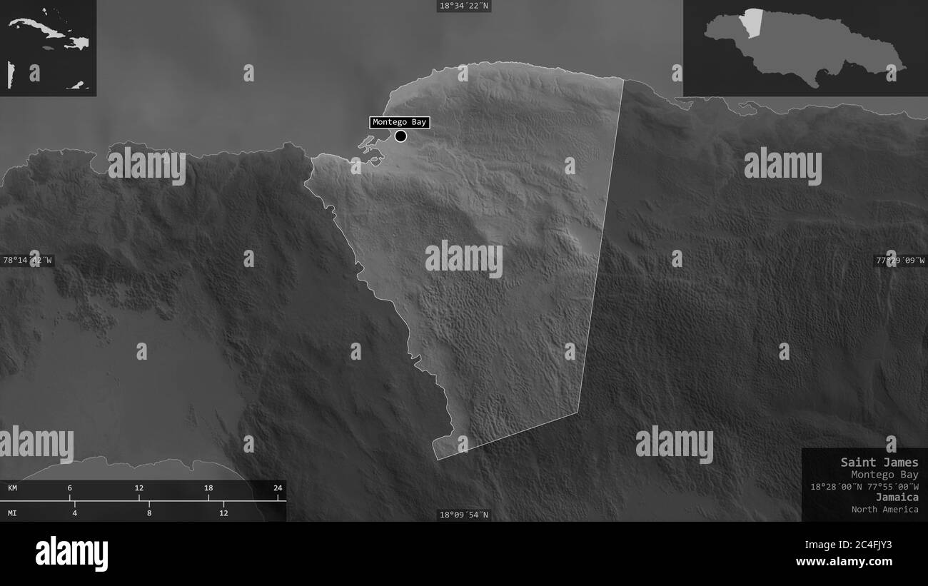 Saint James, parish of Jamaica. Grayscaled map with lakes and rivers ...