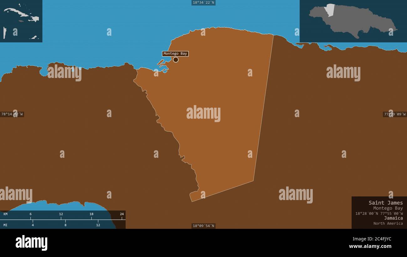 Saint James, parish of Jamaica. Patterned solids with lakes and rivers ...