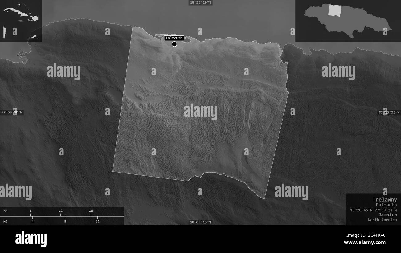 Trelawny, parish of Jamaica. Grayscaled map with lakes and rivers ...