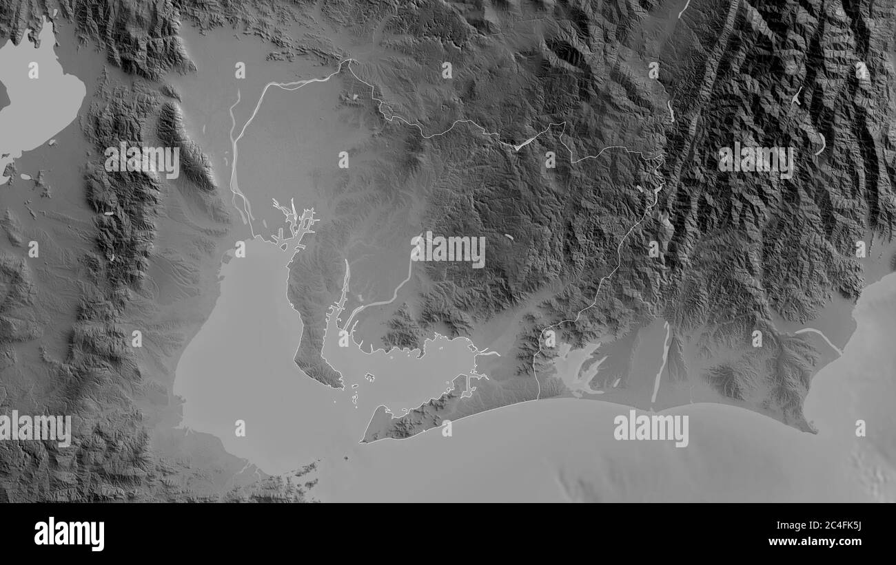 Aichi, prefecture of Japan. Grayscaled map with lakes and rivers. Shape ...