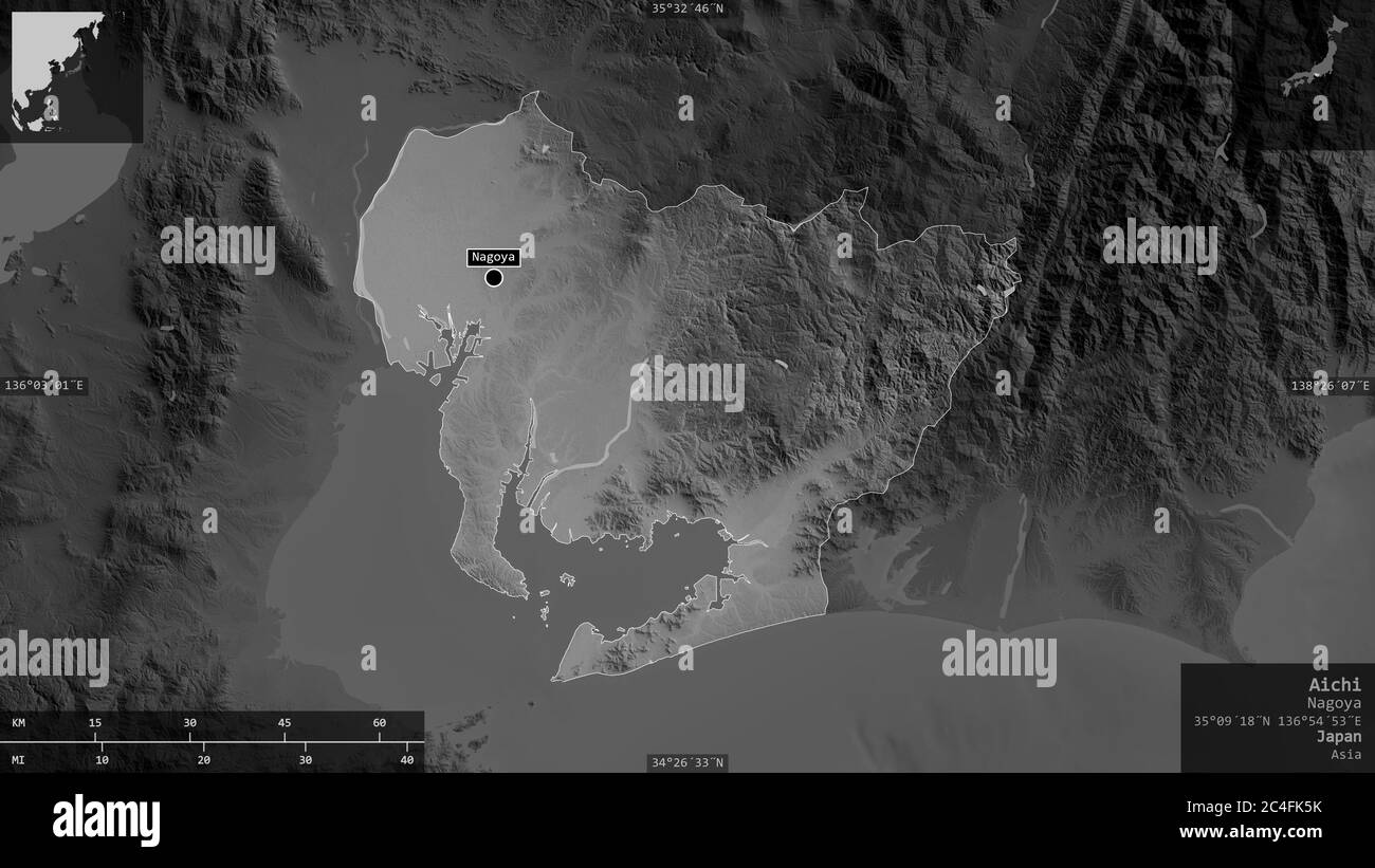 Aichi, prefecture of Japan. Grayscaled map with lakes and rivers. Shape ...