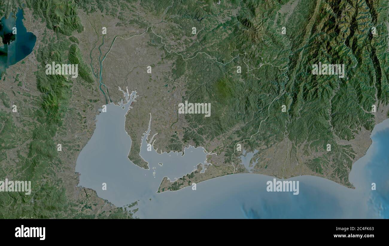 Aichi, prefecture of Japan. Satellite imagery. Shape outlined against ...