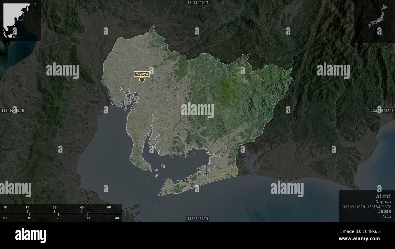 Aichi, prefecture of Japan. Satellite imagery. Shape presented against ...