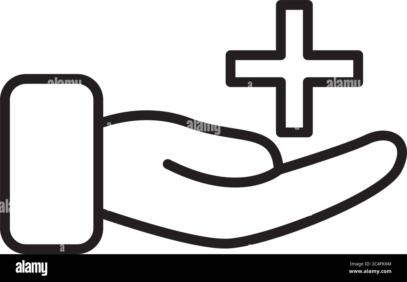 hand with medical cross icon over white background, line style, vector ...
