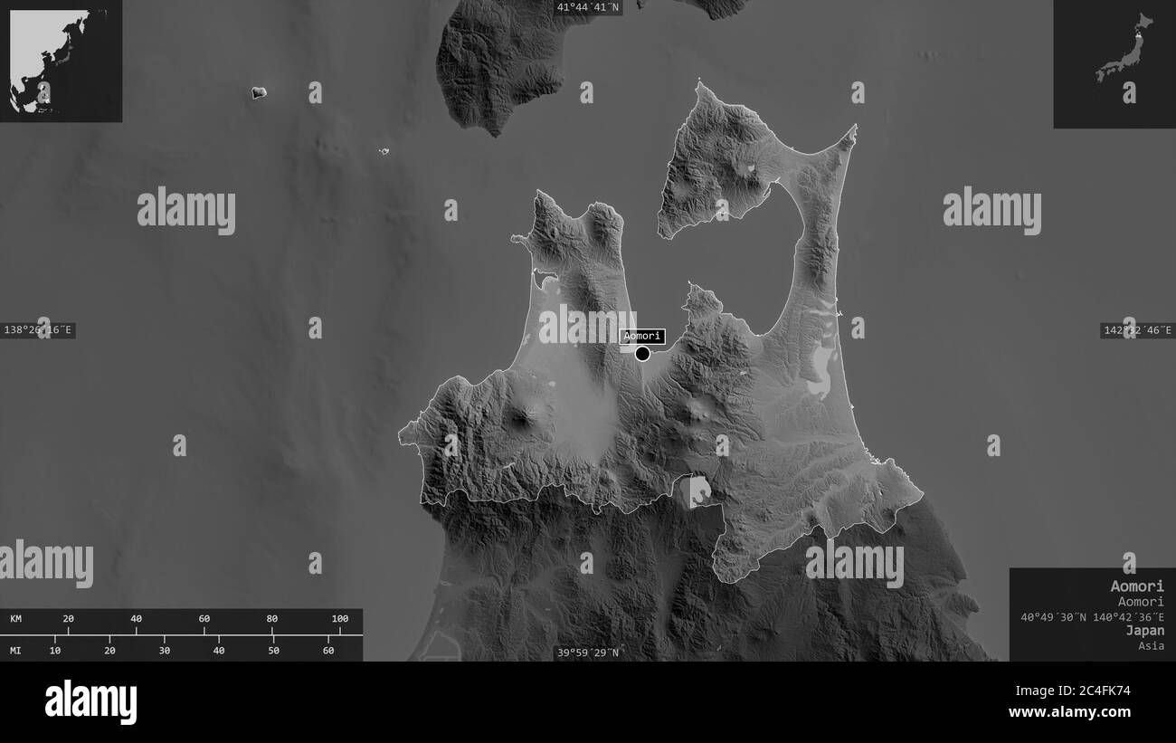 Aomori, prefecture of Japan. Grayscaled map with lakes and rivers ...