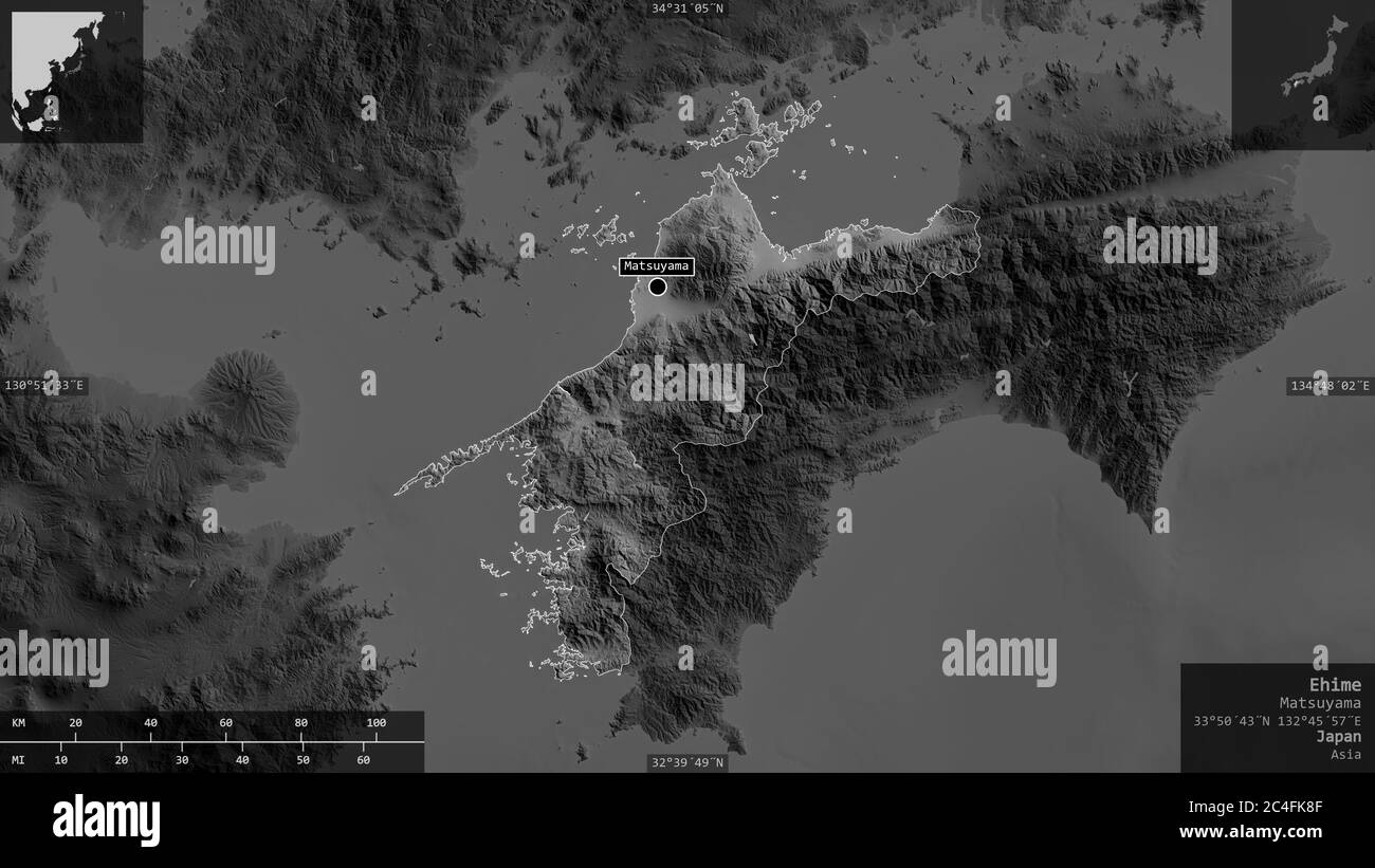 Ehime, prefecture of Japan. Grayscaled map with lakes and rivers. Shape ...