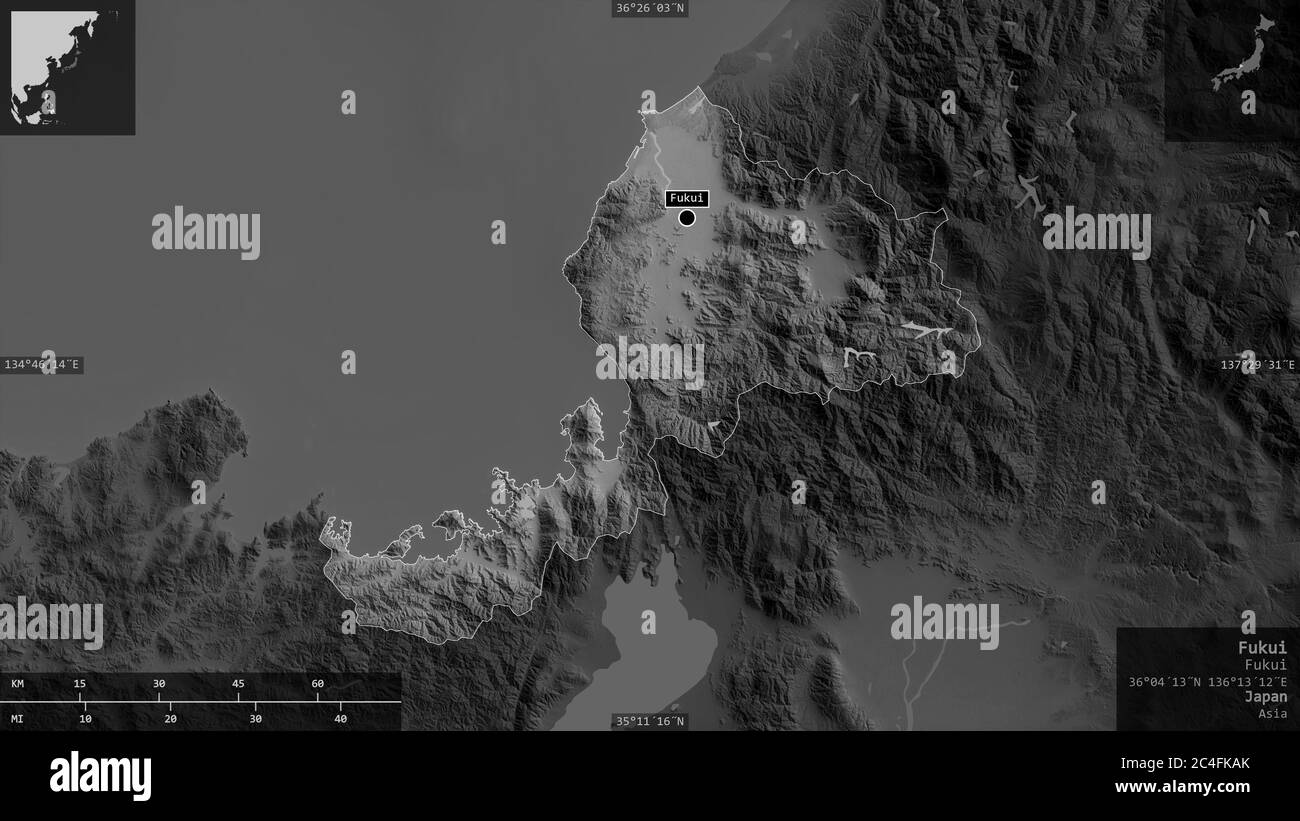 Fukui, prefecture of Japan. Grayscaled map with lakes and rivers. Shape ...