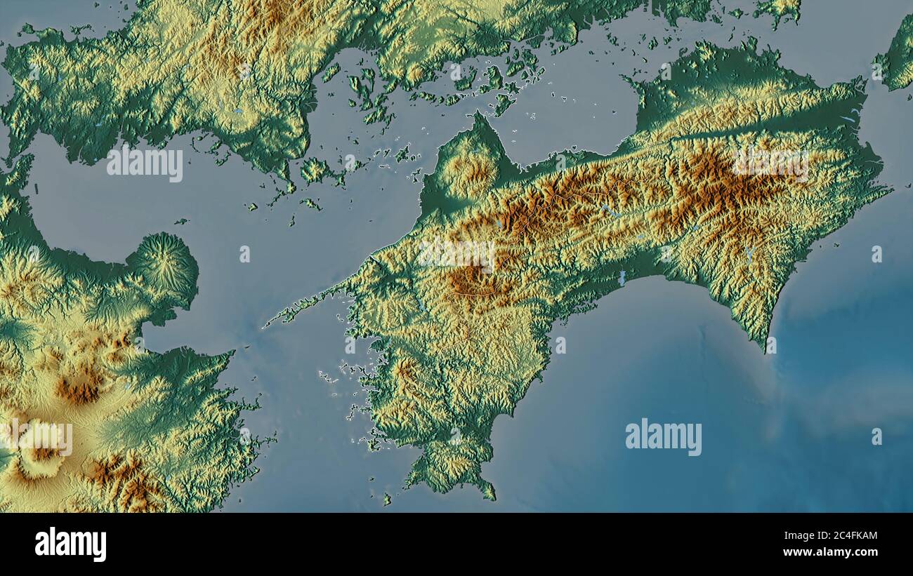 Ehime, prefecture of Japan. Colored relief with lakes and rivers. Shape ...
