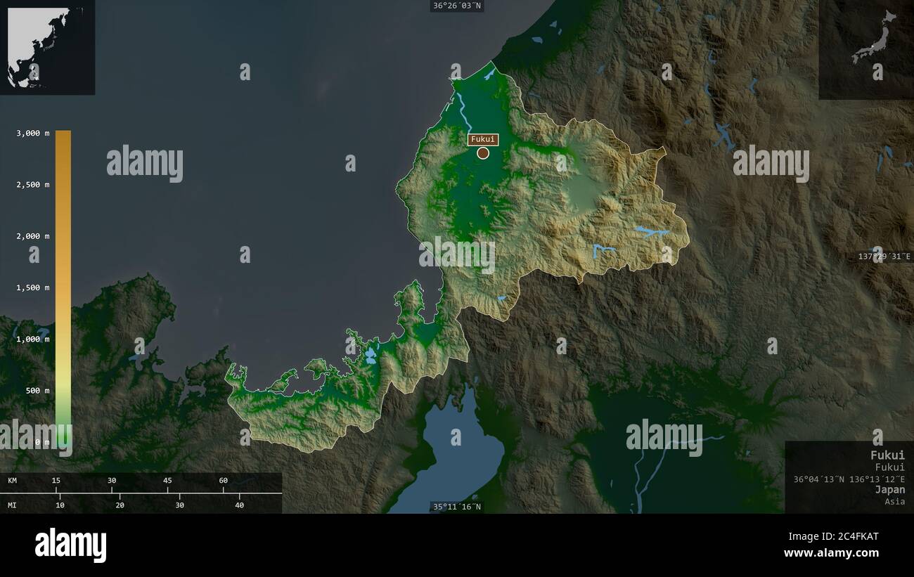 Fukui, prefecture of Japan. Colored shader data with lakes and rivers ...