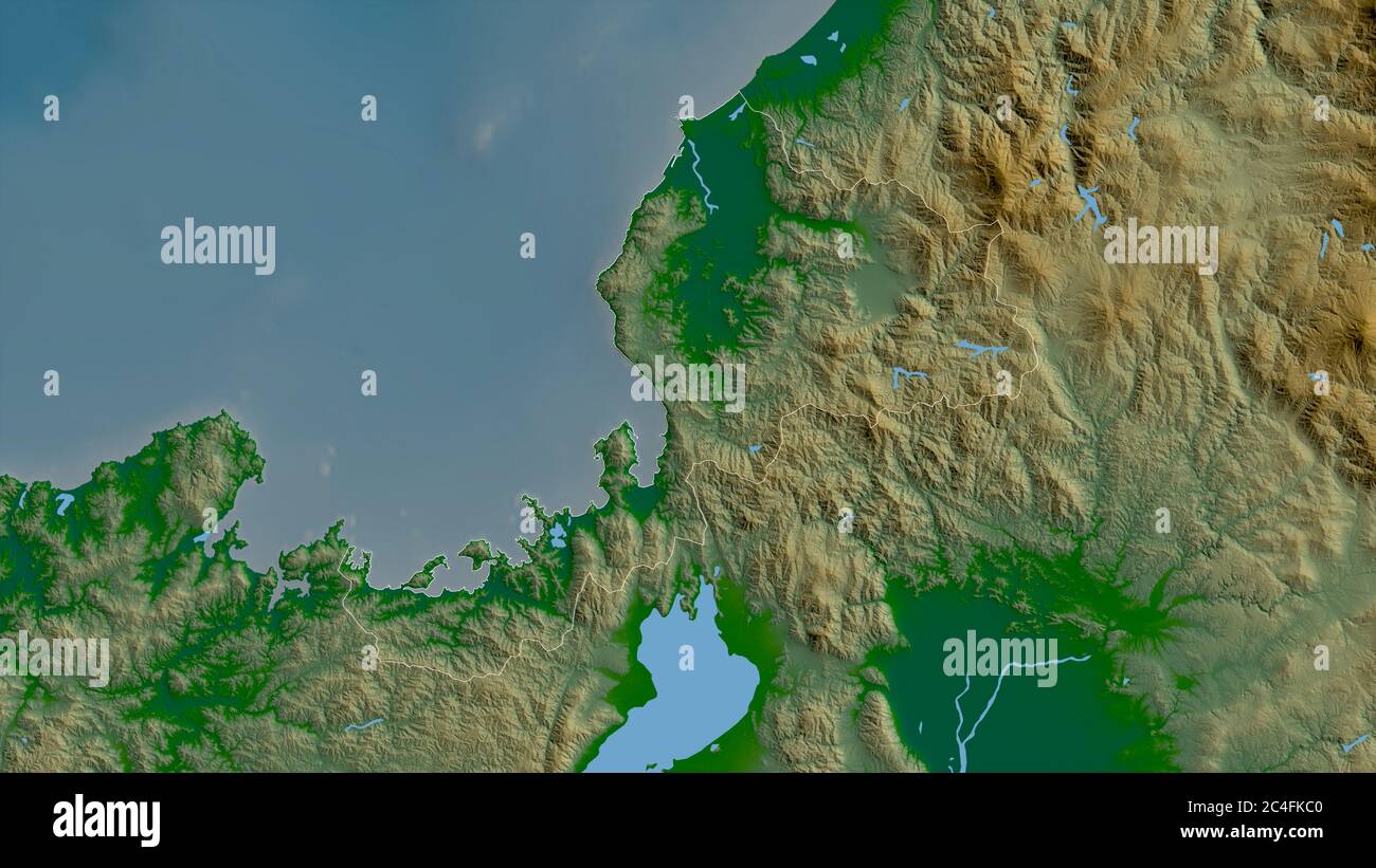 Fukui, prefecture of Japan. Colored shader data with lakes and rivers ...