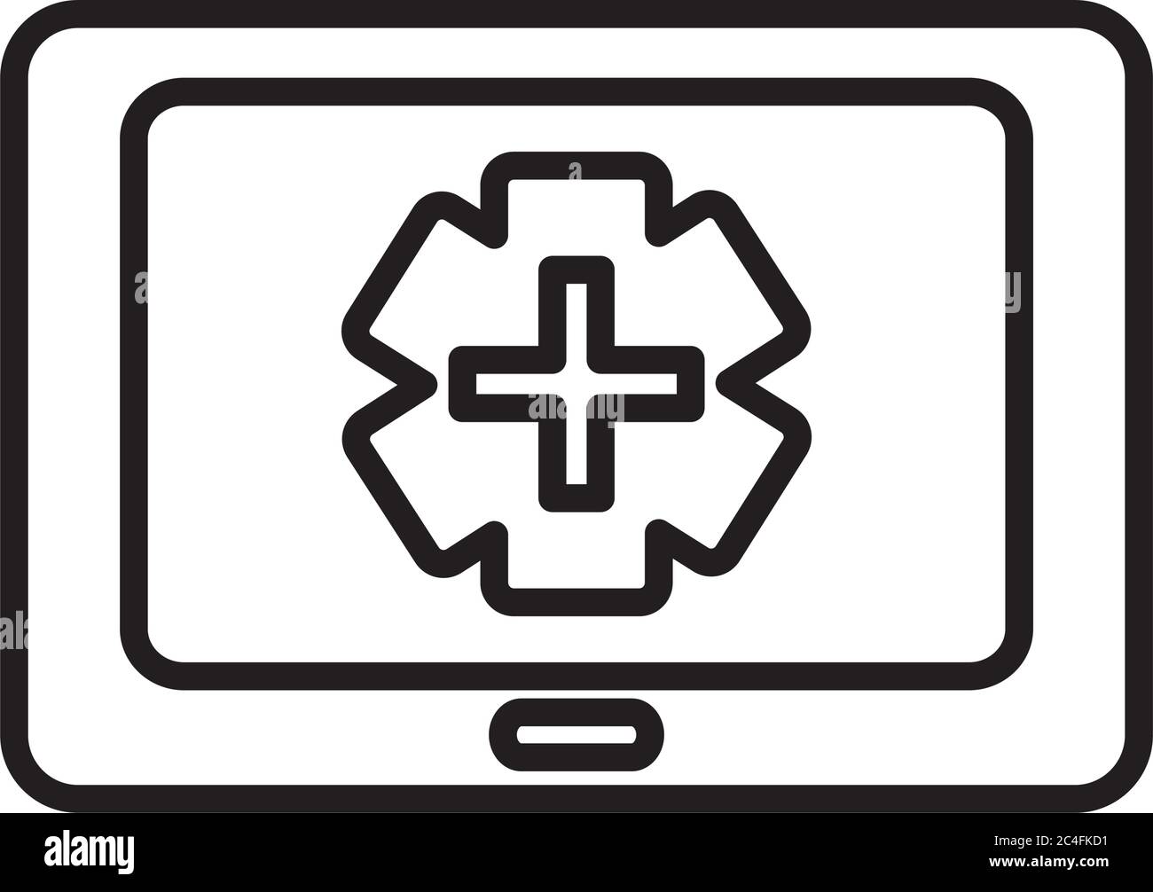 monitor with medical emergency cross icon on screen over white ...