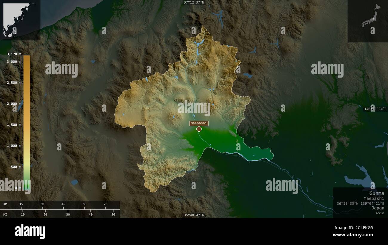 Gunma, prefecture of Japan. Colored shader data with lakes and rivers ...