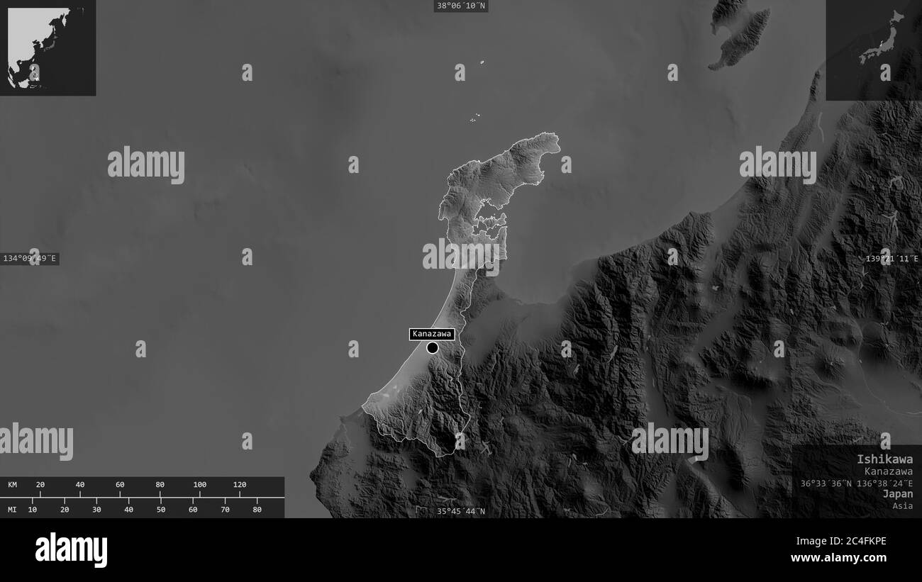 Ishikawa, prefecture of Japan. Grayscaled map with lakes and rivers ...