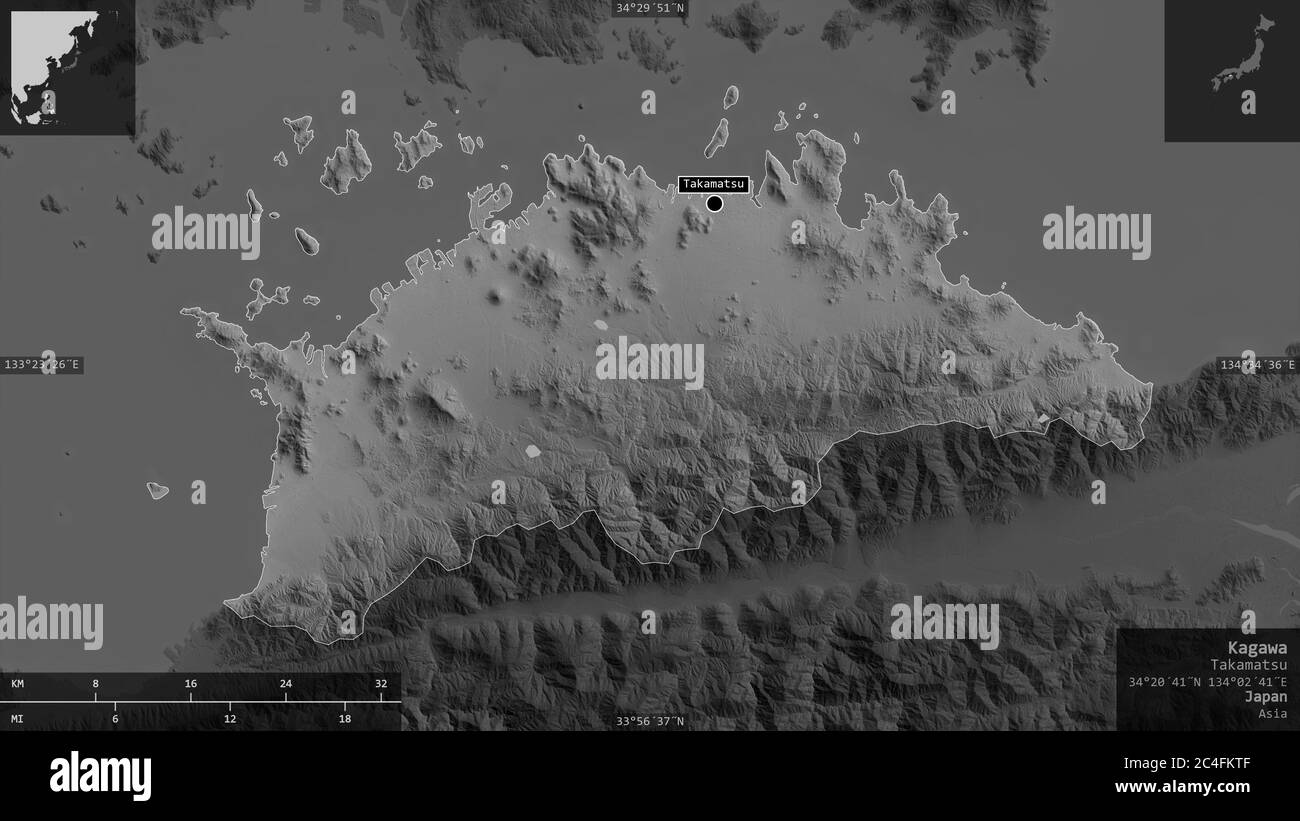 Kagawa, prefecture of Japan. Grayscaled map with lakes and rivers ...