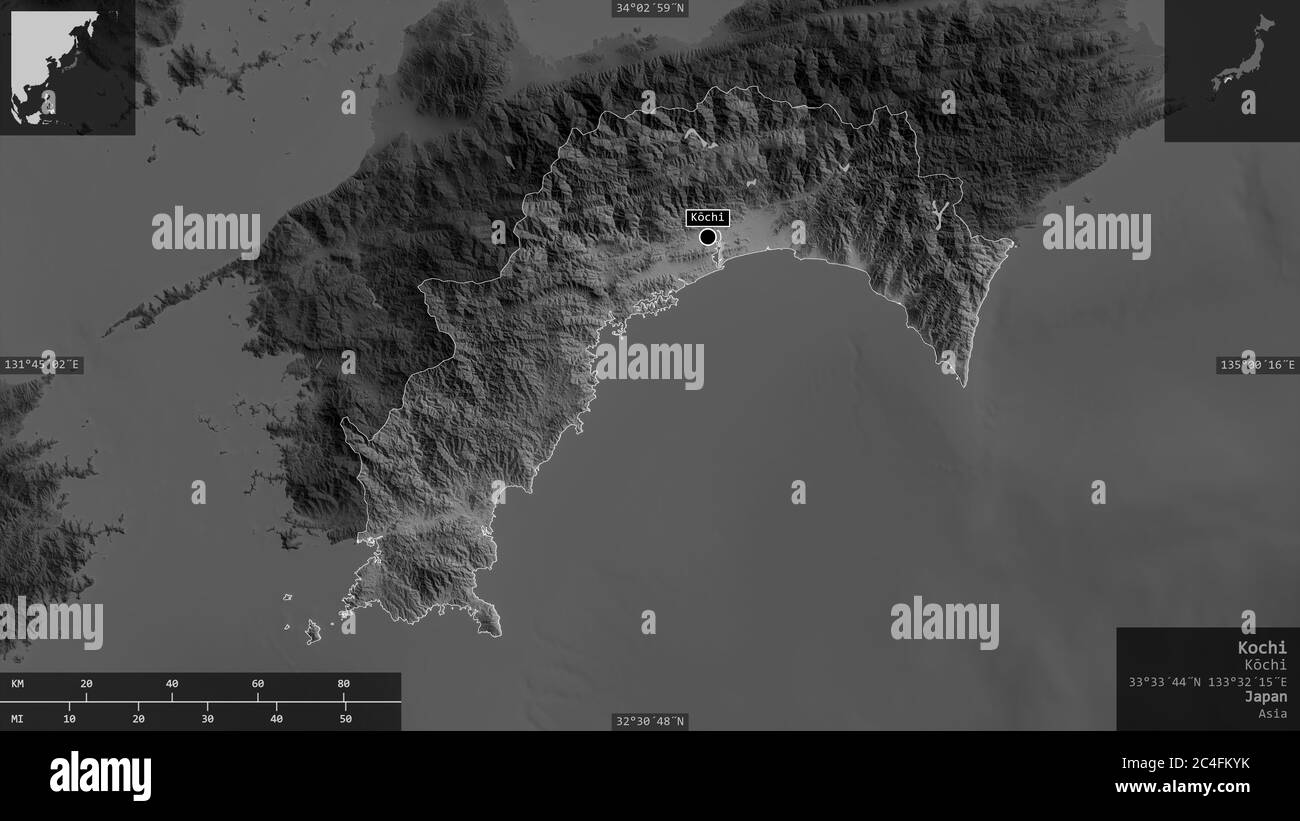 Kochi, prefecture of Japan. Grayscaled map with lakes and rivers. Shape ...
