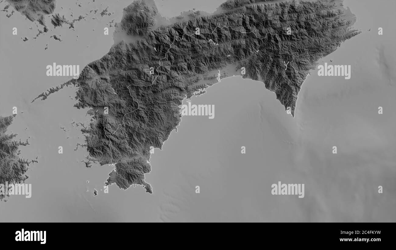 Kochi, prefecture of Japan. Grayscaled map with lakes and rivers. Shape ...