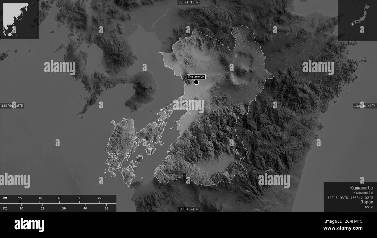 Kumamoto, prefecture of Japan. Grayscaled map with lakes and rivers ...