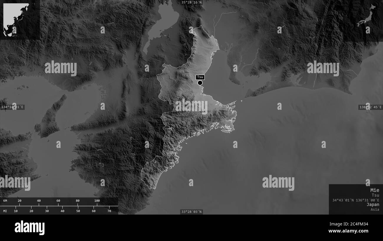Mie, prefecture of Japan. Grayscaled map with lakes and rivers. Shape ...