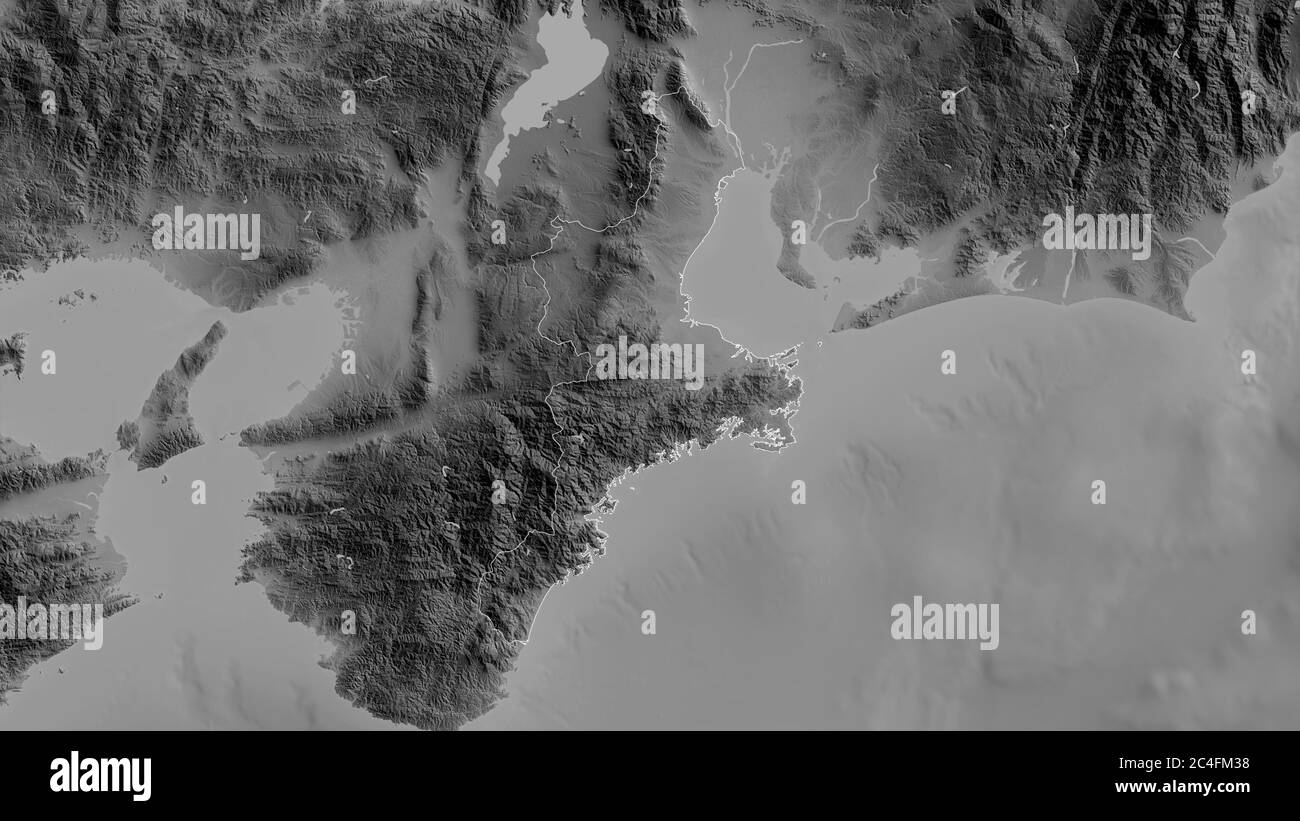Mie, prefecture of Japan. Grayscaled map with lakes and rivers. Shape ...