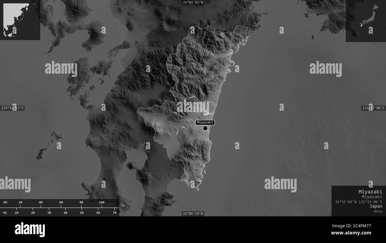 Miyazaki, prefecture of Japan. Grayscaled map with lakes and rivers ...