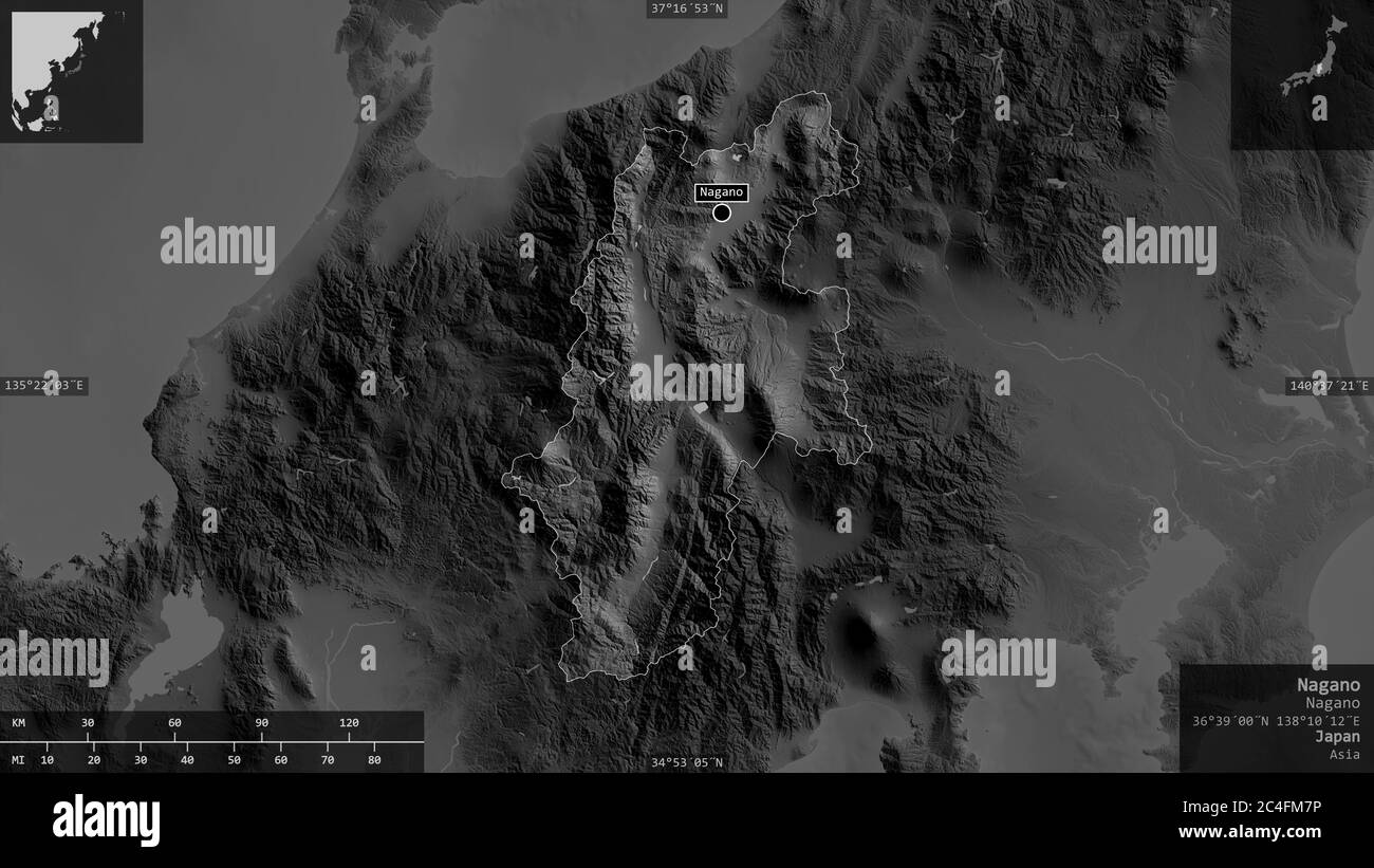 Nagano, prefecture of Japan. Grayscaled map with lakes and rivers ...