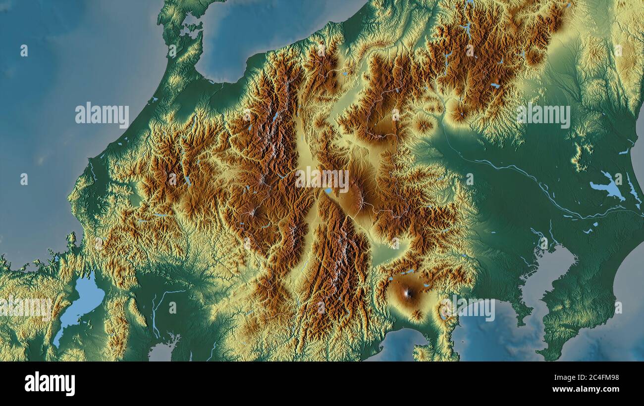 Nagano, prefecture of Japan. Colored relief with lakes and rivers ...