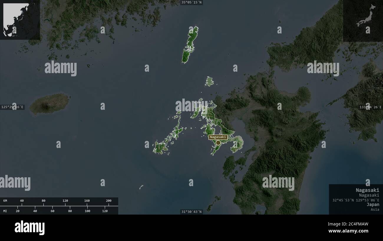 Nagasaki, prefecture of Japan. Satellite imagery. Shape presented ...