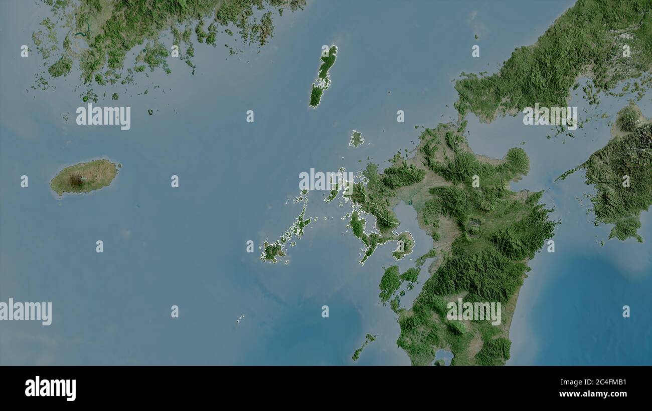 Nagasaki, prefecture of Japan. Satellite imagery. Shape outlined ...