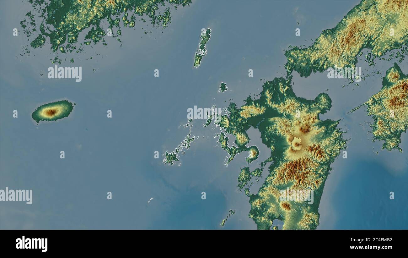 Nagasaki, prefecture of Japan. Colored relief with lakes and rivers ...