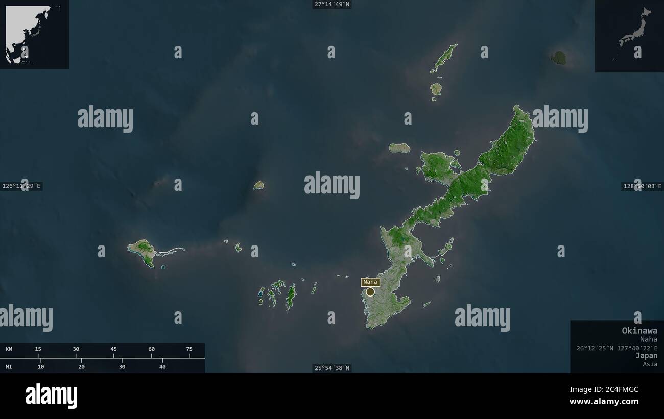 Okinawa, prefecture of Japan. Satellite imagery. Shape presented ...