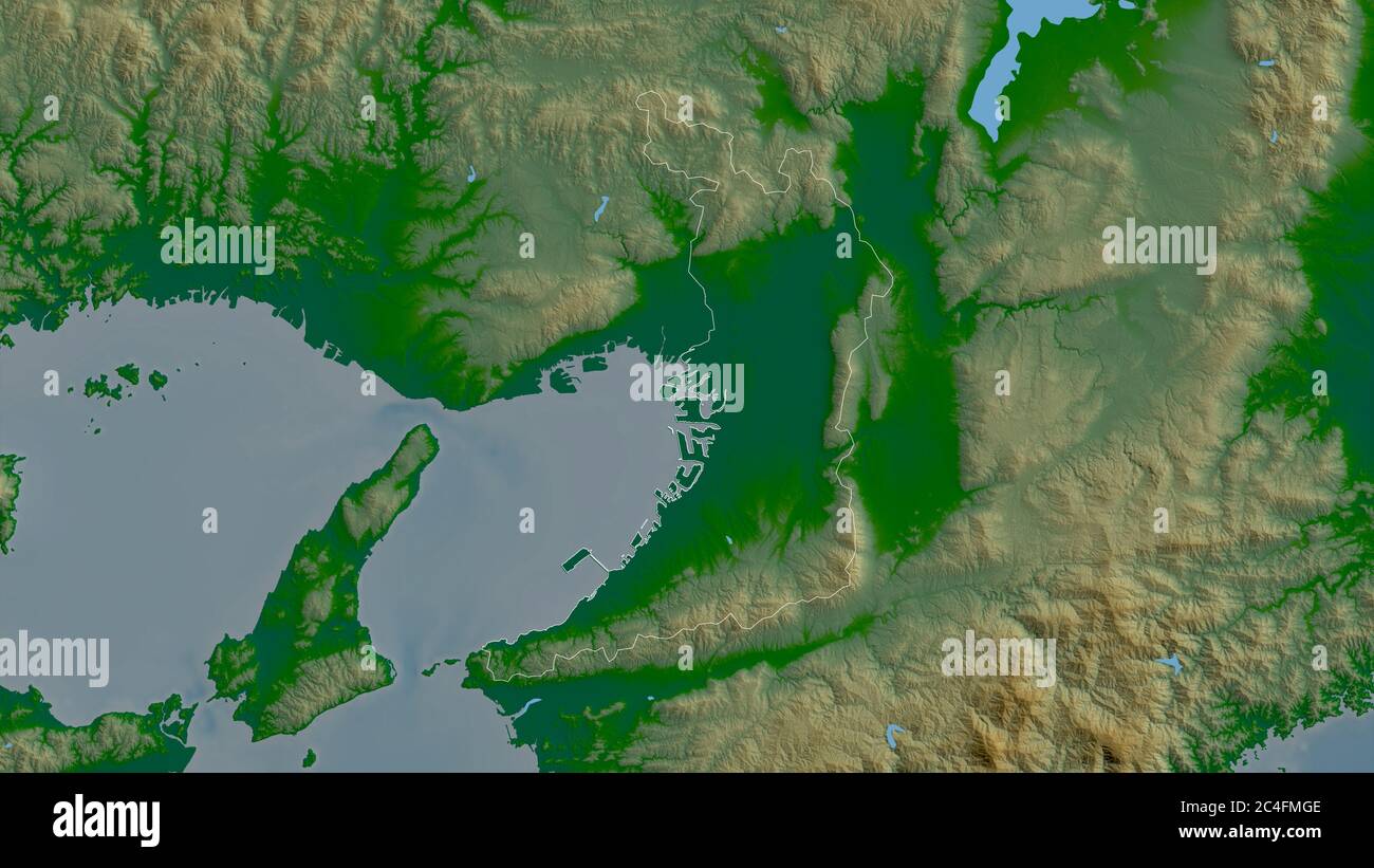 Osaka, urban prefecture of Japan. Colored shader data with lakes and ...