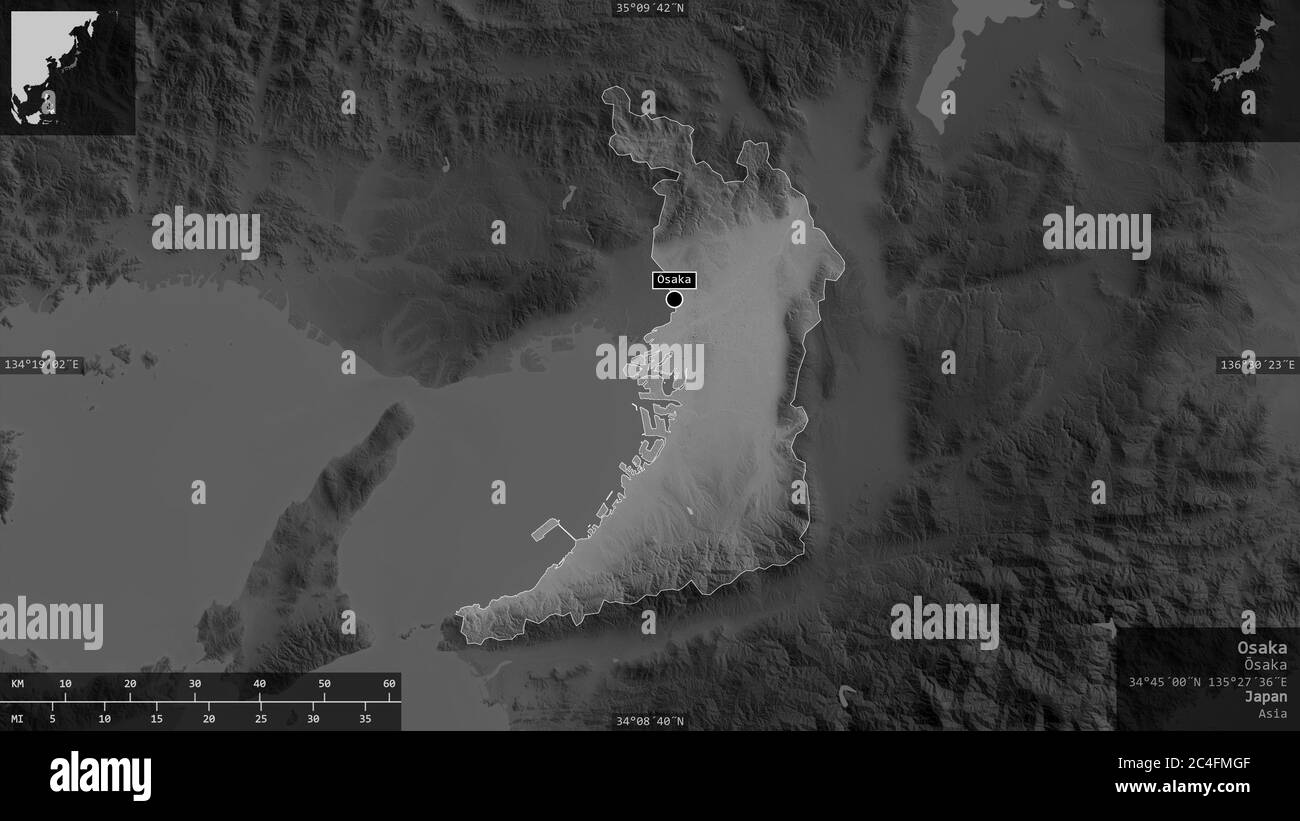 Osaka, urban prefecture of Japan. Grayscaled map with lakes and rivers ...