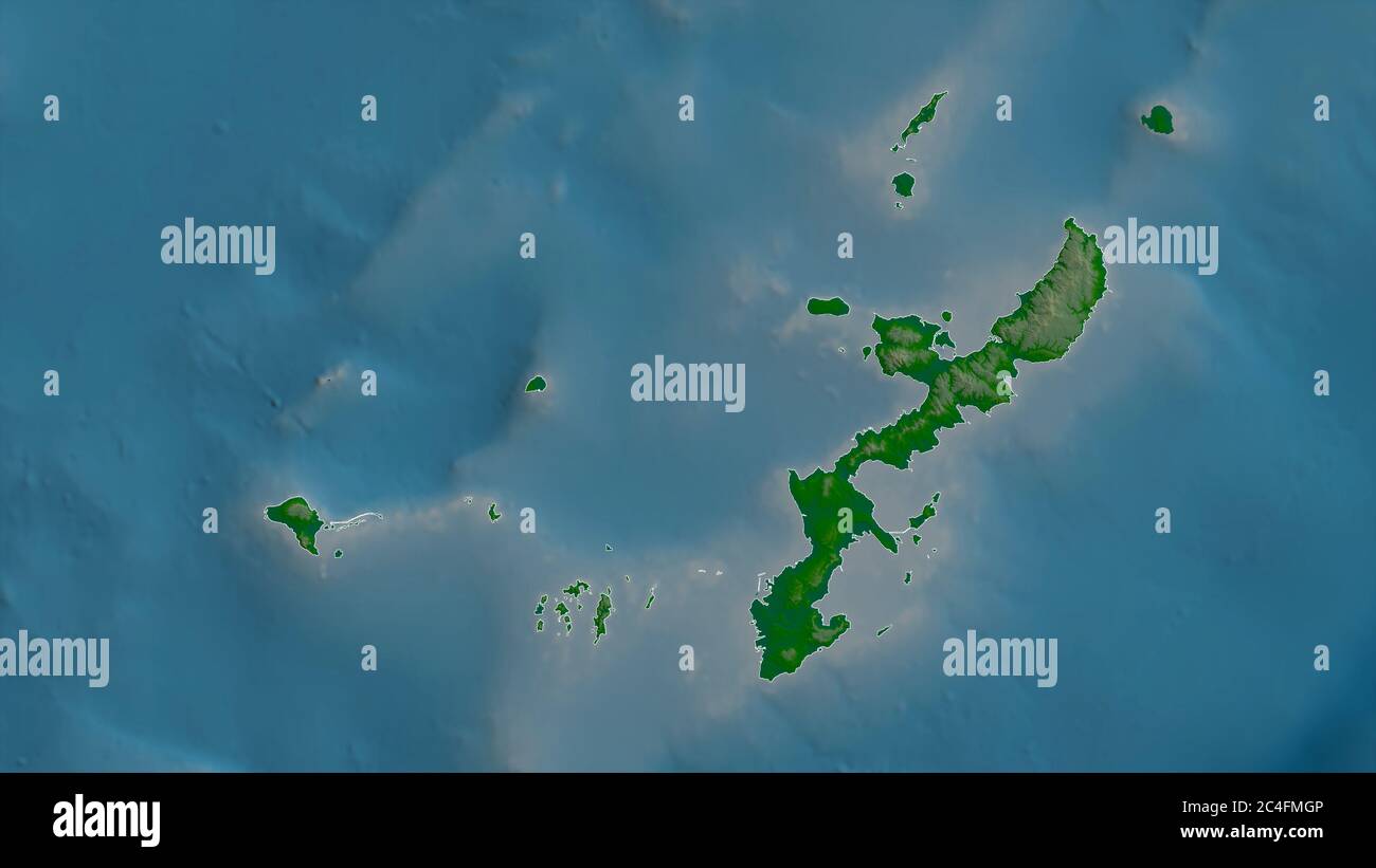 Okinawa, prefecture of Japan. Colored shader data with lakes and rivers ...