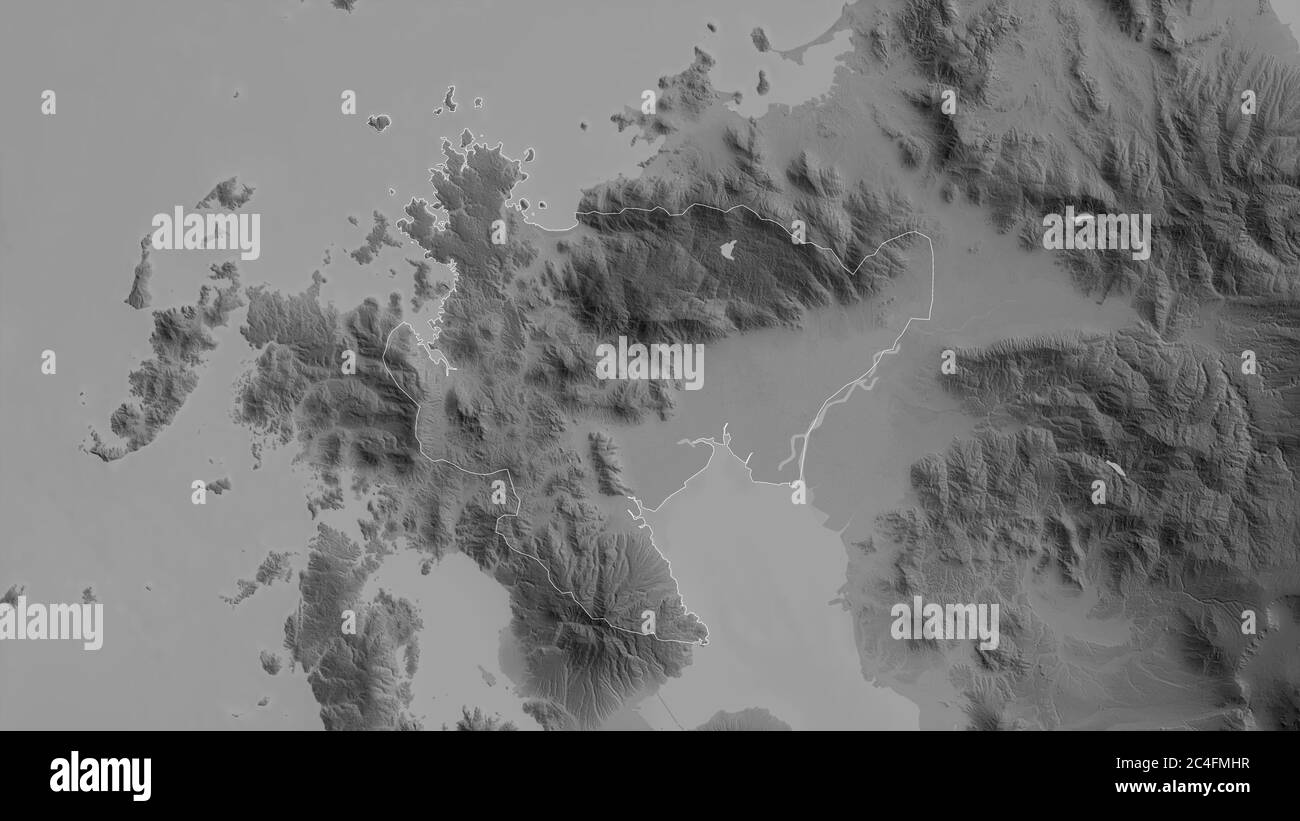 Saga, prefecture of Japan. Grayscaled map with lakes and rivers. Shape ...