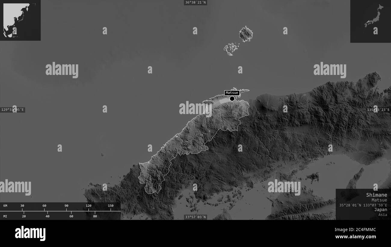 Shimane, prefecture of Japan. Grayscaled map with lakes and rivers ...