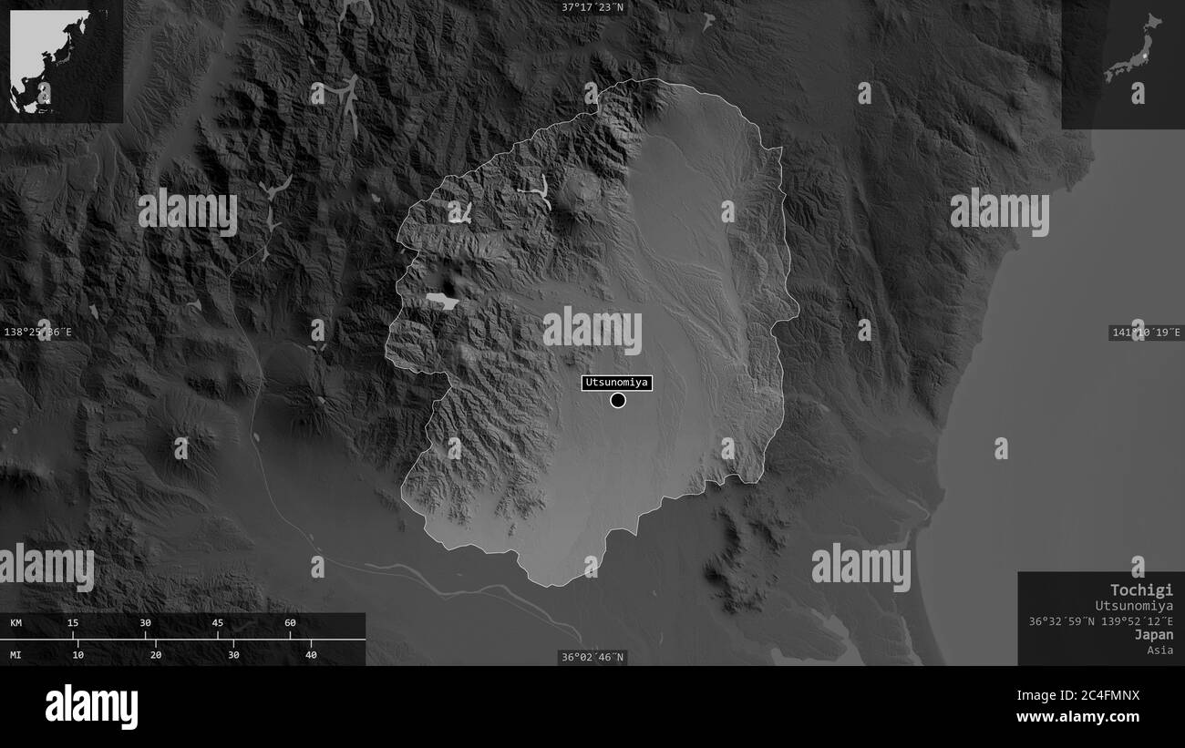 Tochigi, prefecture of Japan. Grayscaled map with lakes and rivers ...