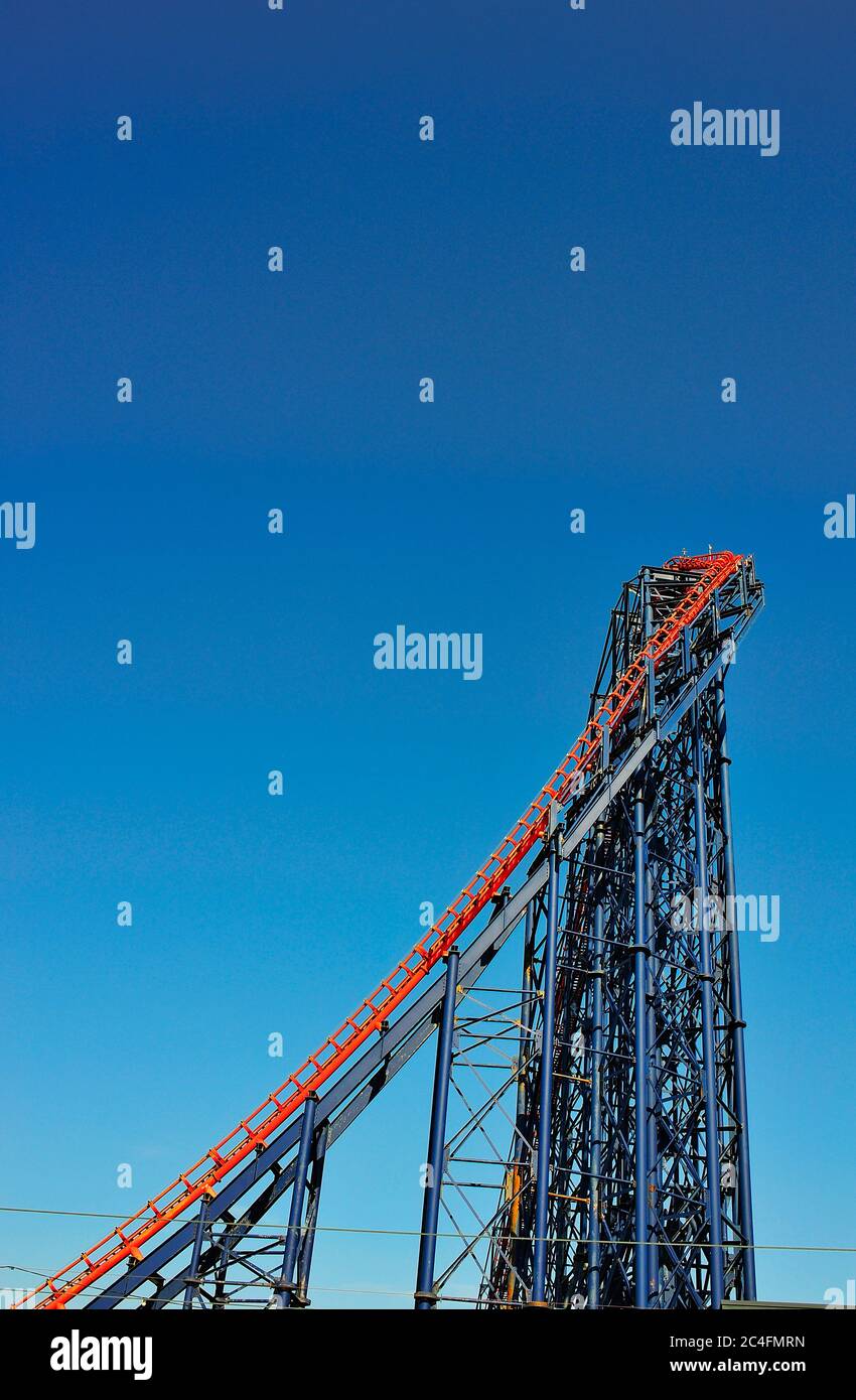 The red and blue painted structure of the Big One roller coaster ...